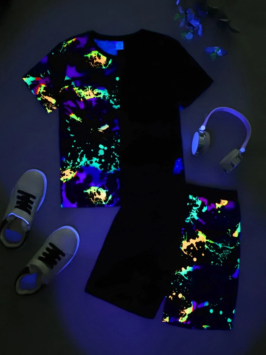 SHEIN Tween Boy Reflective Paint Printed T-Shirt And Shorts Set Perfect ...