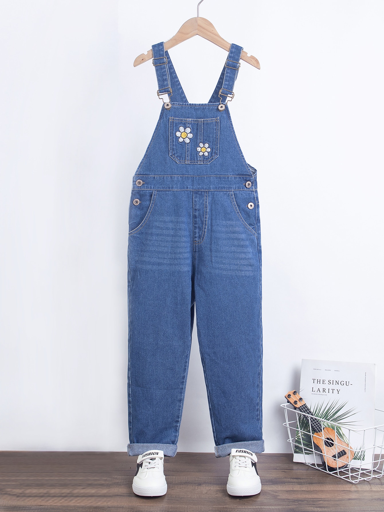 Girls Floral Embroidery Denim Overalls | SHEIN USA