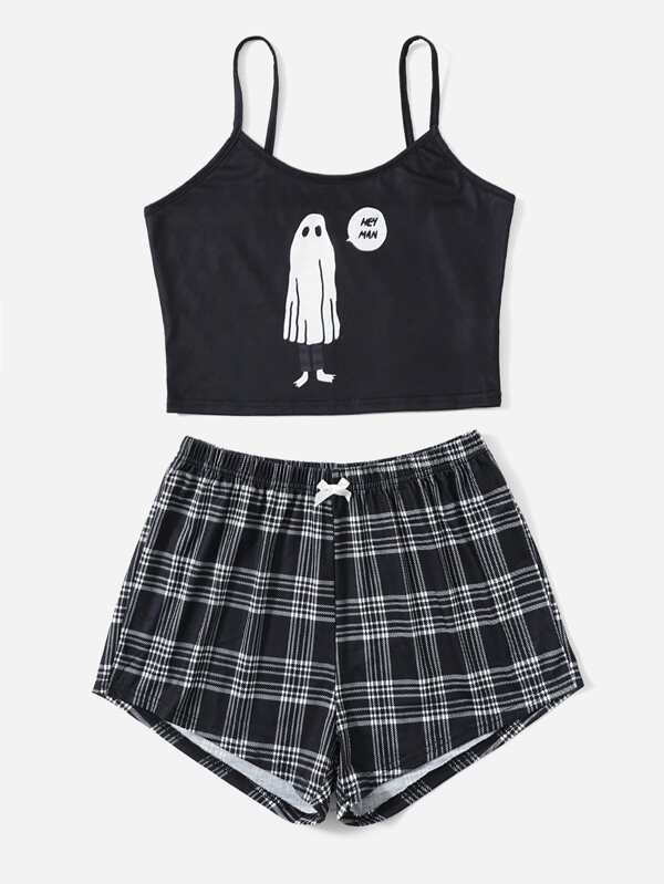 Emily Lewis Ghost Print Plaid PJ Set | SHEIN USA