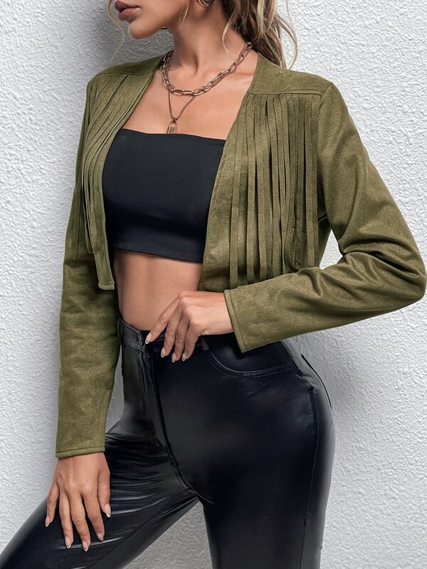 Fringe Detail Open Front Crop Suedette Jacket | SHEIN USA