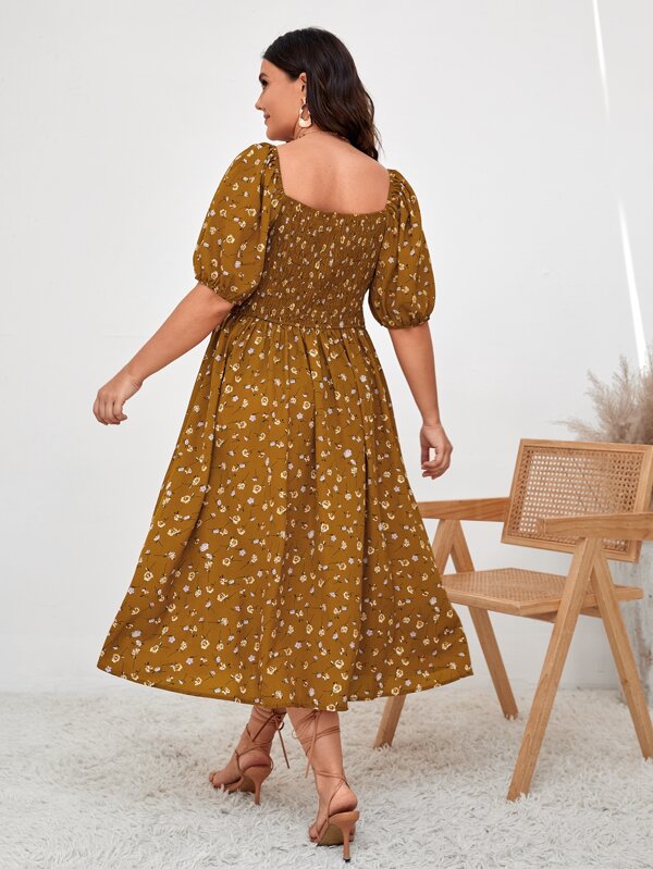 Shein Vcay Plus Ditsy Floral Tie Front Shirred Split Hem Milkmaid Dress