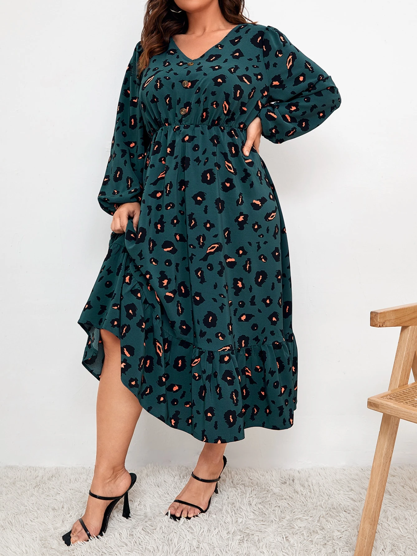 SHEIN LUNE Plus Allover Print Lantern Sleeve Ruffle Hem Dress | SHEIN USA