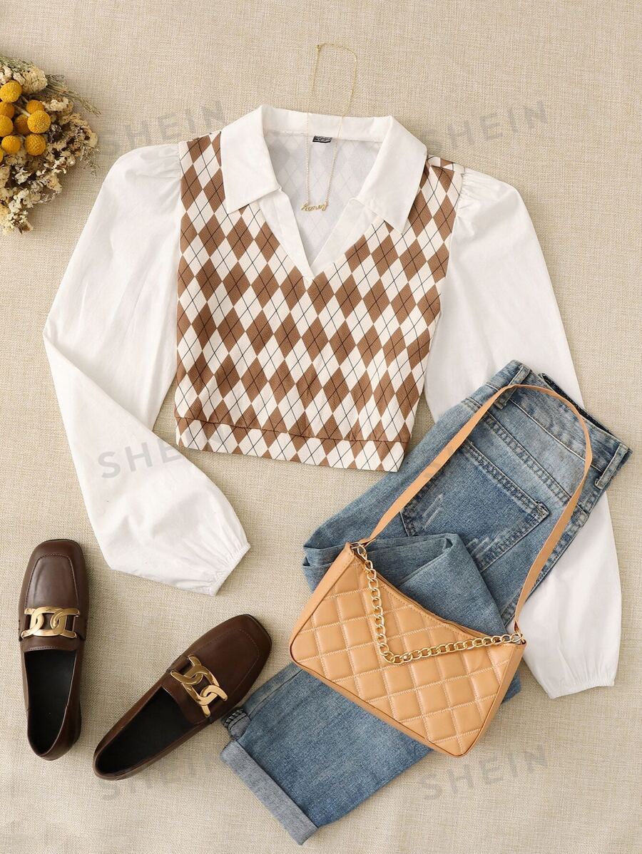 SHEIN EZwear Argyle Print Shirt Collar Puff Sleeve Crop Knit 2 In 1 Top ...