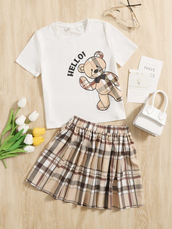 SHEIN Kids EVRYDAY Girls Cartoon Bear & Letter Graphic Tee & Plaid ...