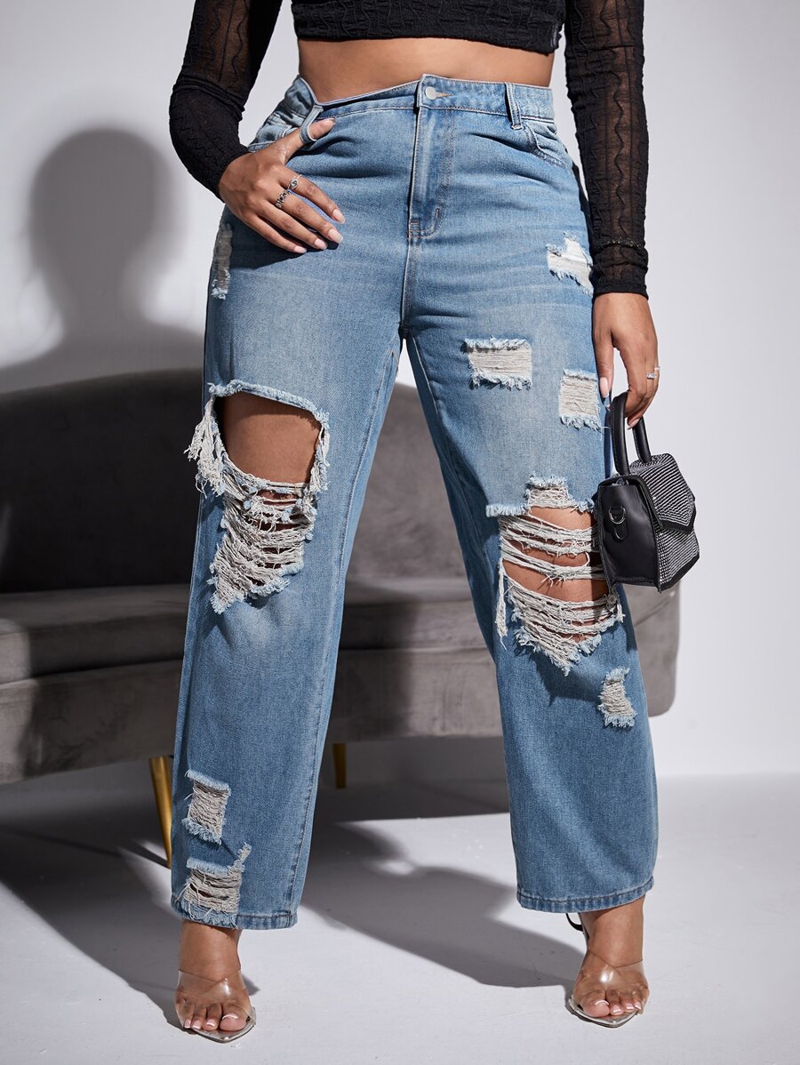 SHEIN SXY Plus High Waist Ripped Straight Leg Jeans | SHEIN USA