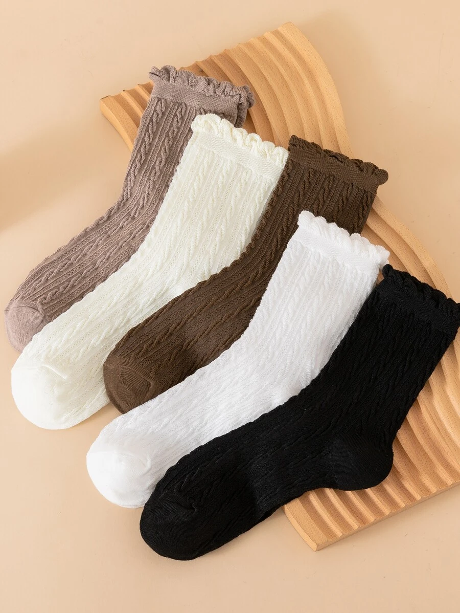 5pairs Solid Lettuce Trim Crew Socks | SHEIN USA
