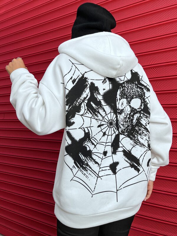 Shein Coolane Spider Web And Skull Print Kangaroo Pocket Drop Shoulder