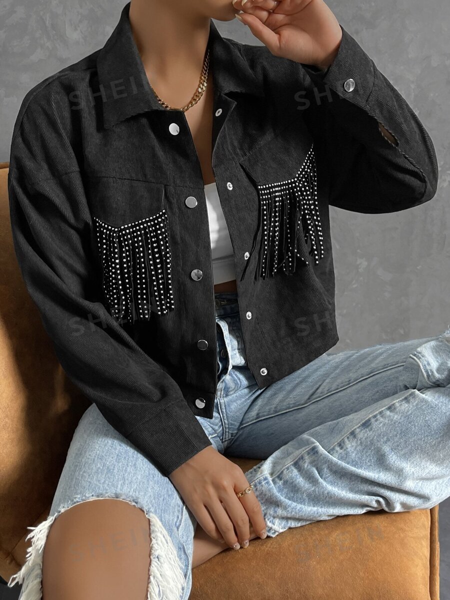SHEIN Coolane Rhinestone Fringe Trim Crop Jacket | SHEIN UK