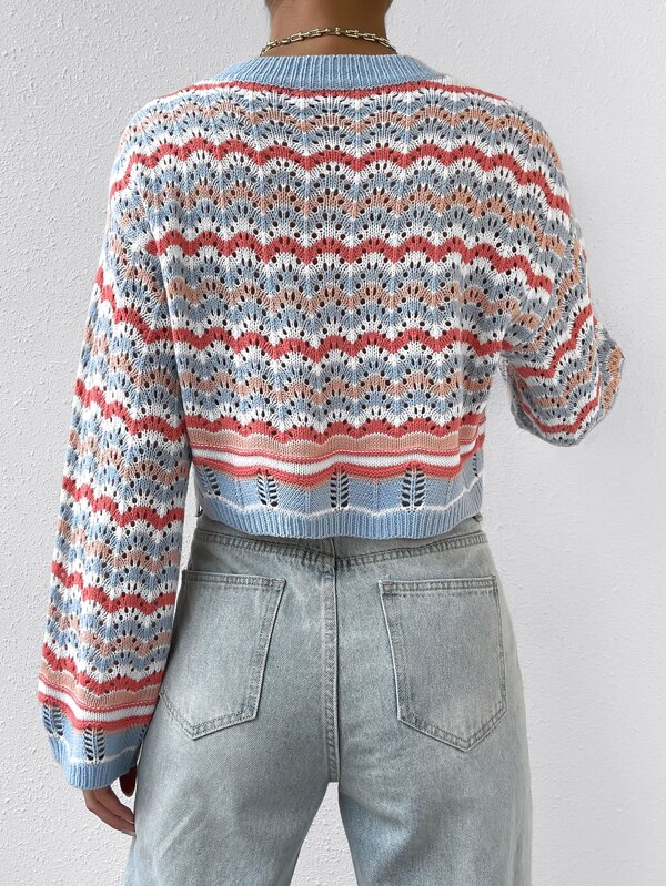 SHEIN Qutie Chevron Pattern Pointelle Knit Drop Shoulder Sweater ...