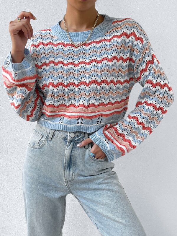 SHEIN Qutie Chevron Pattern Pointelle Knit Drop Shoulder Sweater ...