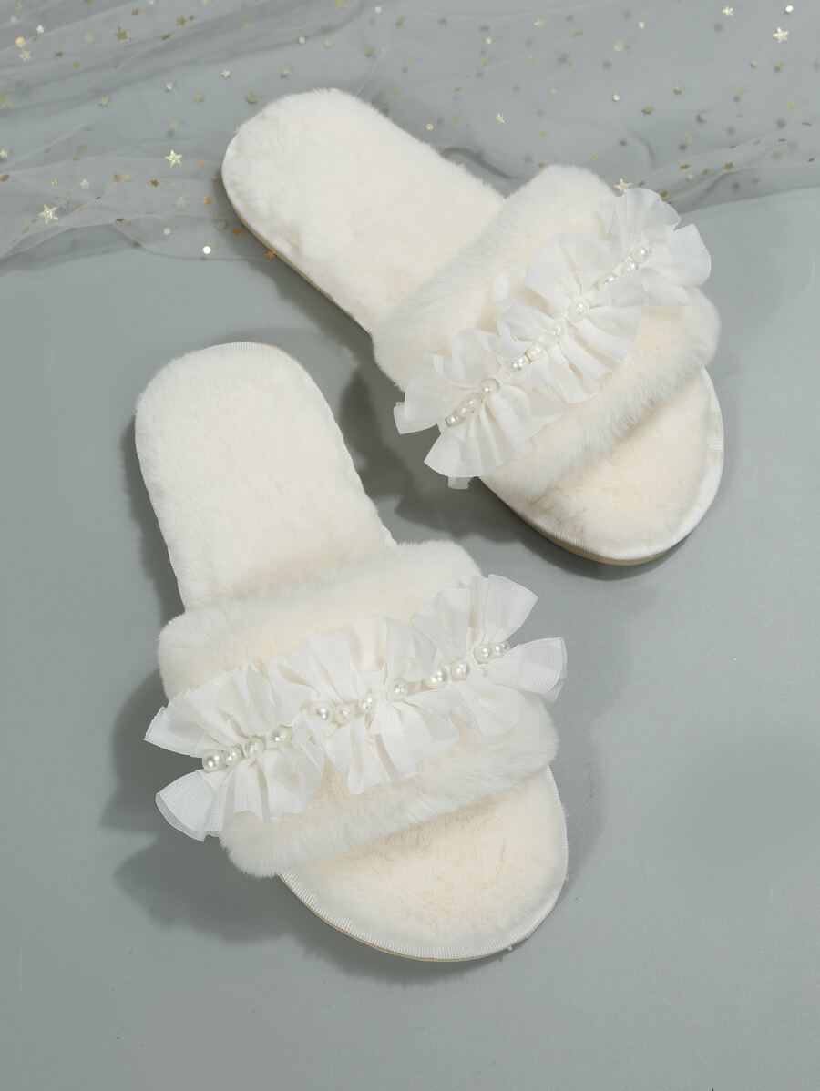Faux Pearl Decor Ruffle Trim Bedroom Slippers, Slip-on White ...