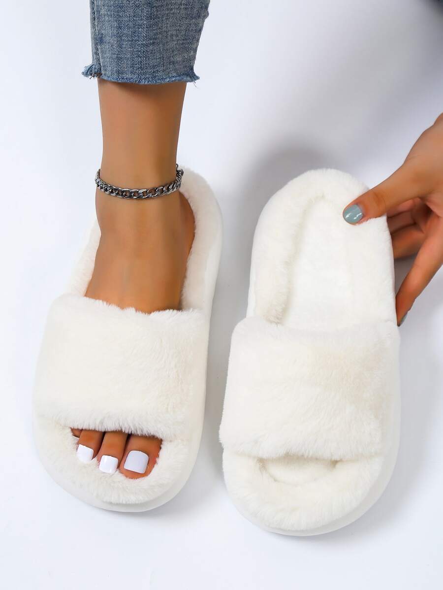 Minimalist Fuzzy Bedroom Slippers,Women's EVA thick-bottomed white ...
