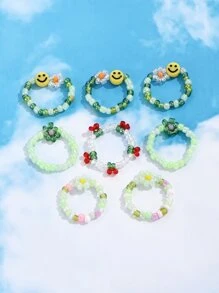 8pcs Flower & Expression Decor Beaded Ring | SHEIN USA