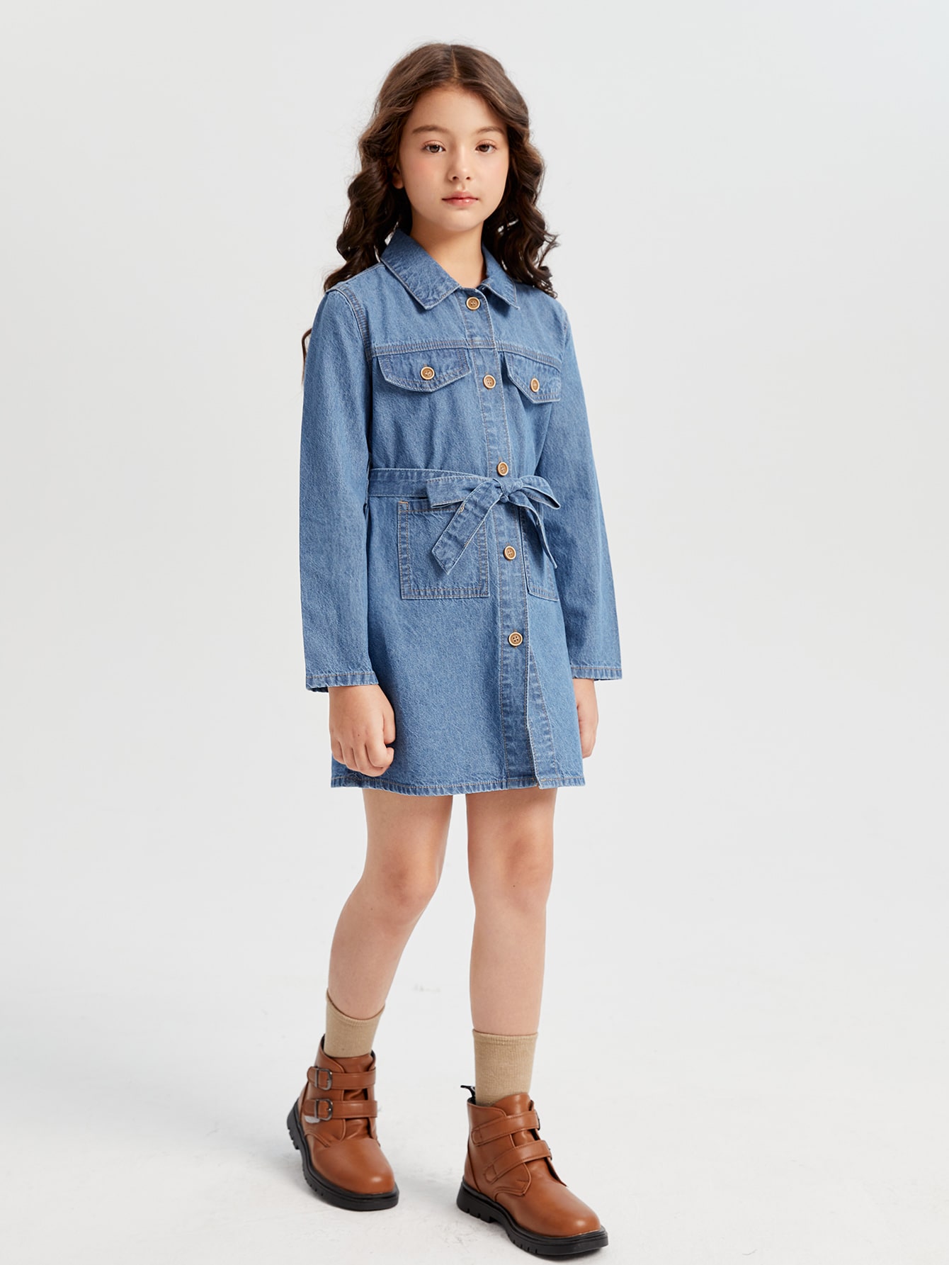 Girls Flap Detail Belted Shirt Denim Dress | SHEIN USA