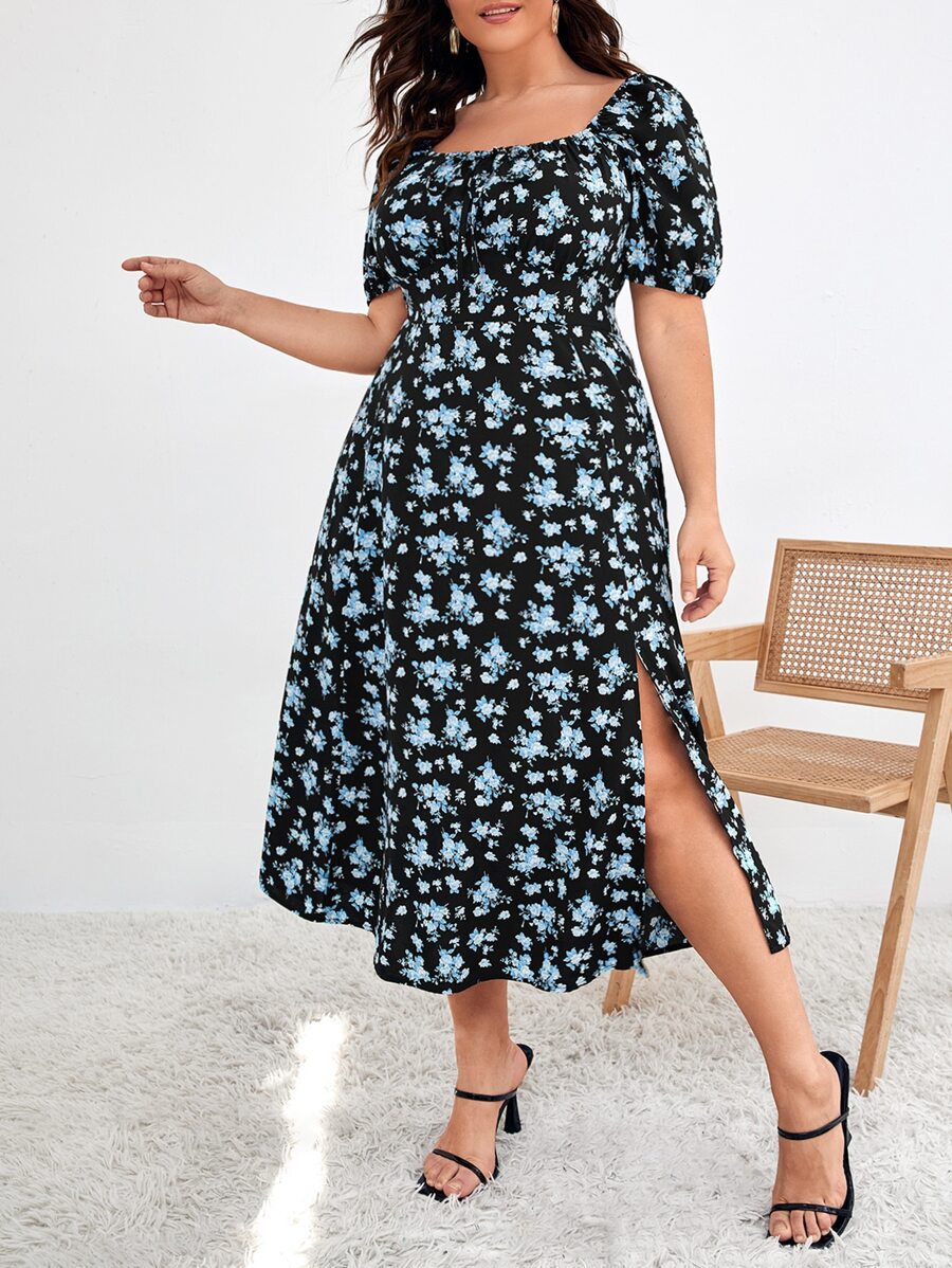 SHEIN VCAY Vestido de Verão Boho com Estampa Floral, Manga Bufante, Nó na Frente e Fenda na Coxa ...