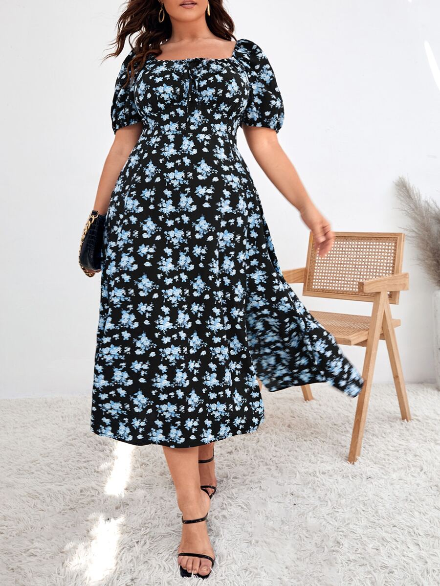 SHEIN VCAY Vestido de Verão Boho com Estampa Floral, Manga Bufante, Nó na Frente e Fenda na Coxa ...