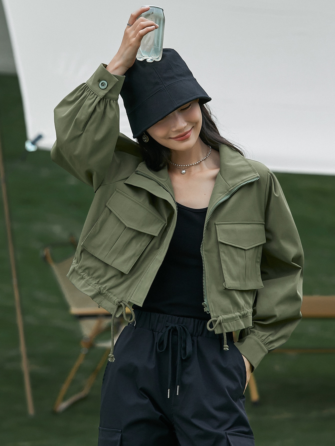 DAZY Flap Pocket Drawstring Hem Drop Shoulder Jacket