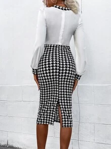 SHEIN Privé Houndstooth Print Split Back Bishop Sleeve Bodycon Dress | SHEIN USA