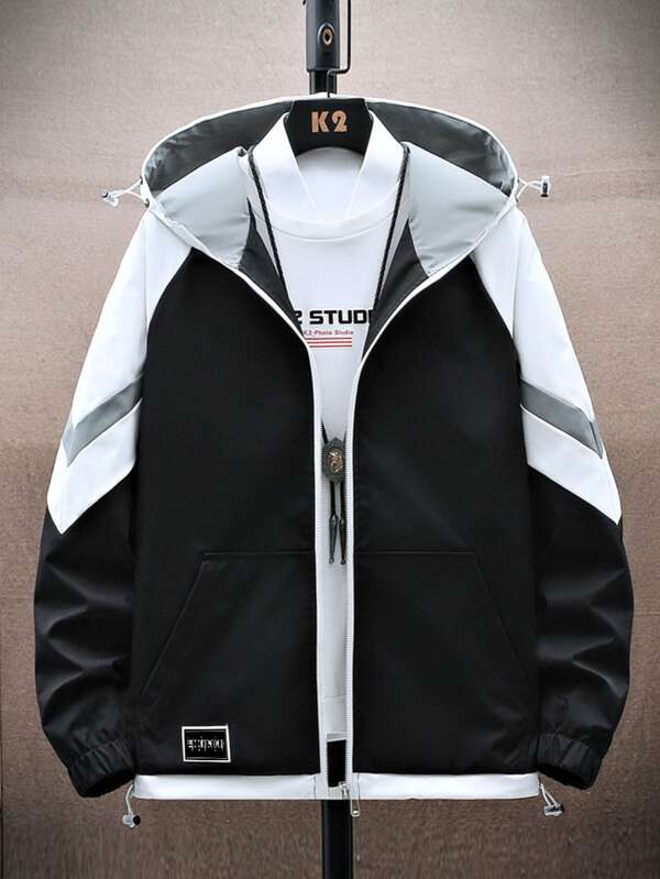 Manfinity Men Letter Patched Colorblock Zip Up Drawstring Hooded Coat Without Tee | SHEIN USA