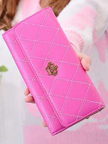 Neon Hot Pink Geometric Quilted Leather Long Wallet Checkbook Cover ...