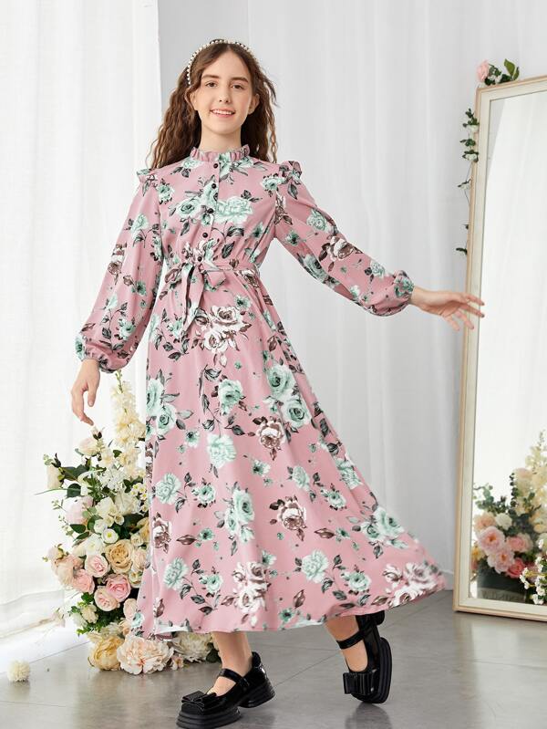 Shein Teen Mädchen Kleid Mit Gürtel Blume Muster Rüschenbesatz