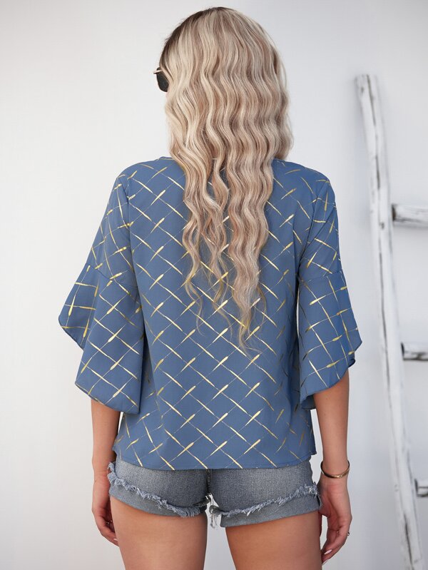SHEIN LUNE Gold Plaid Print Petal Sleeve Blouse | SHEIN USA