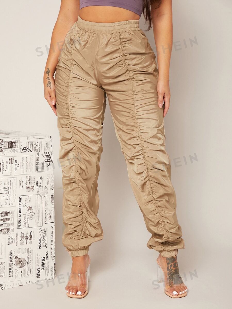 SHEIN SXY Solid Ruched Stacked Trousers | SHEIN UK
