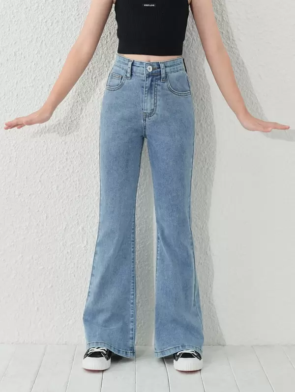 Tween Girl Single Button Flare Leg Jeans | SHEIN USA