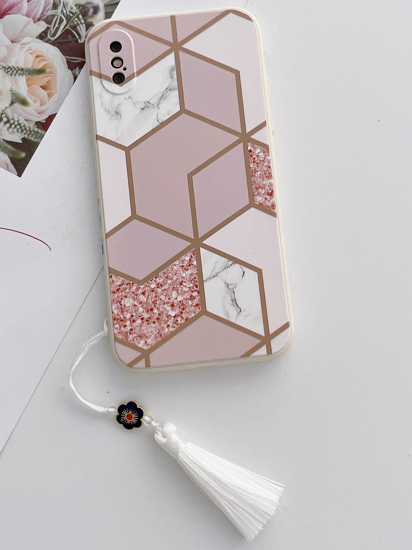 Geometric Pattern Phone Case With Tassel Decor
