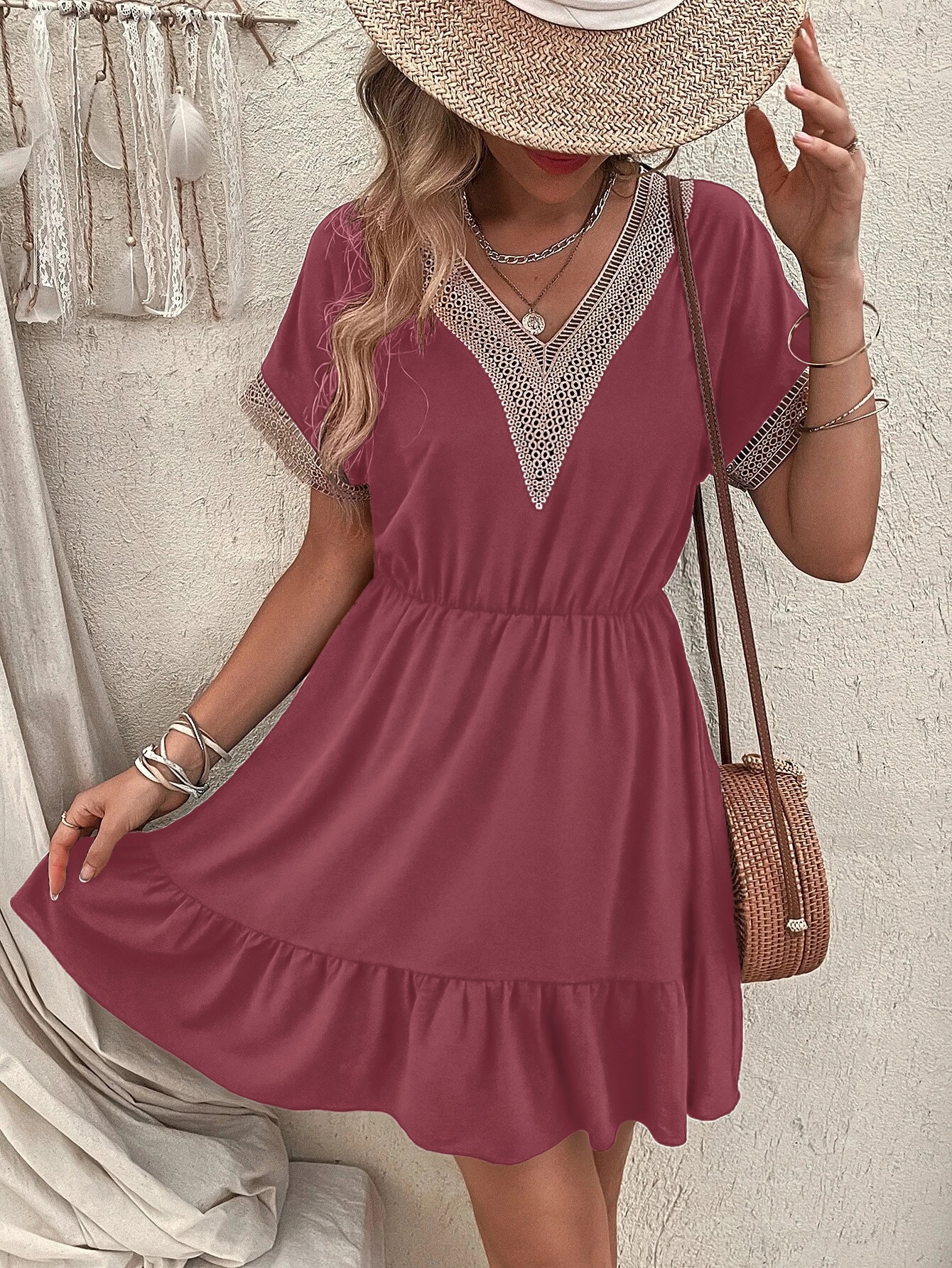 Shein Lune Guipure Lace Panel Batwing Sleeve Ruffle Hem Dress Shein Usa