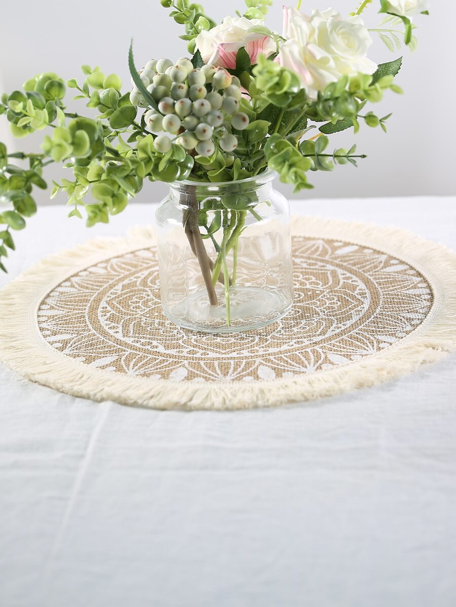 1pc Mandala Pattern Fringe Trim Placemat, Boho Geometric Pattern Fabric ...