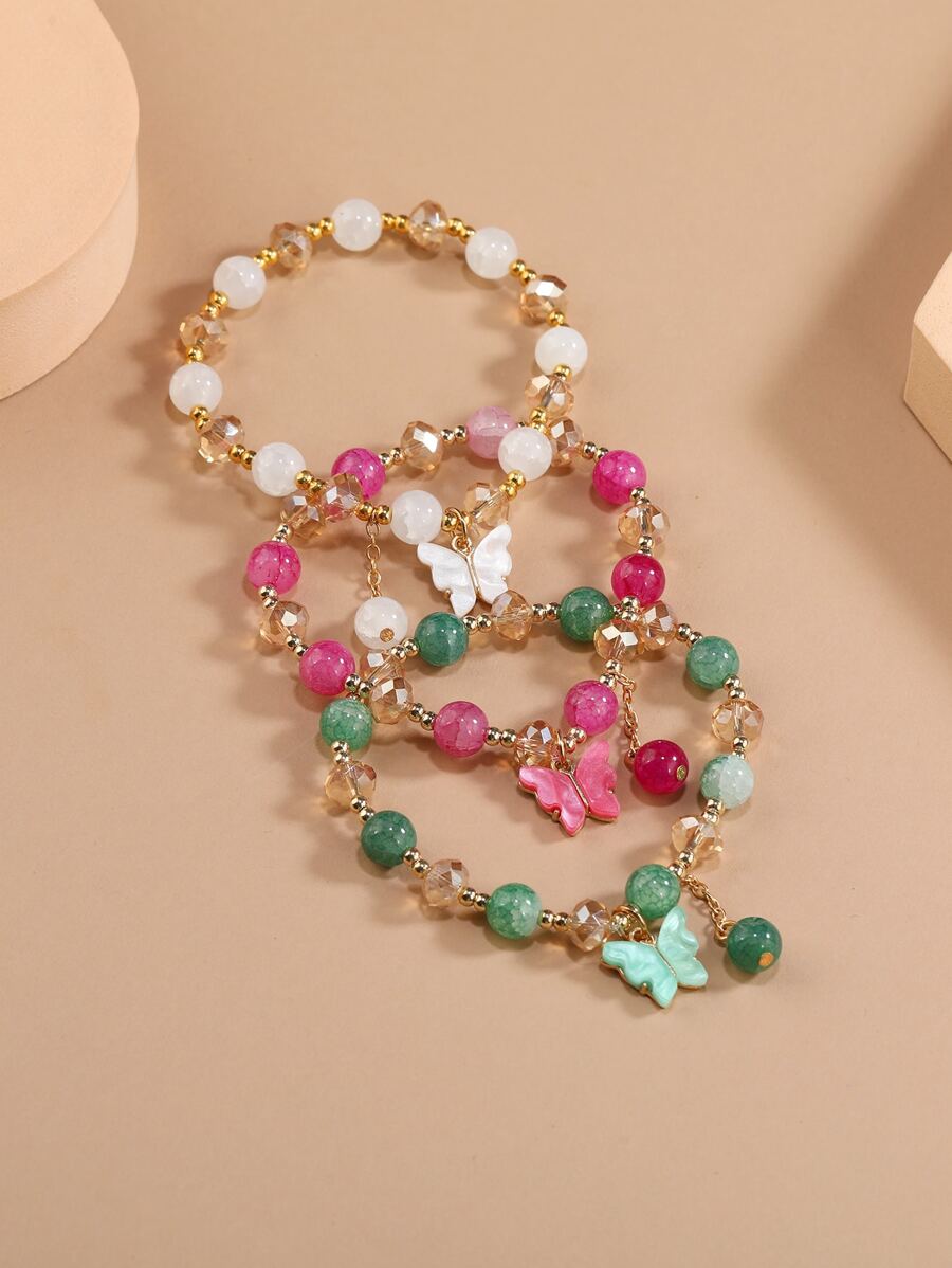 3pcs Butterfly Charm Beaded Bracelet | SHEIN USA