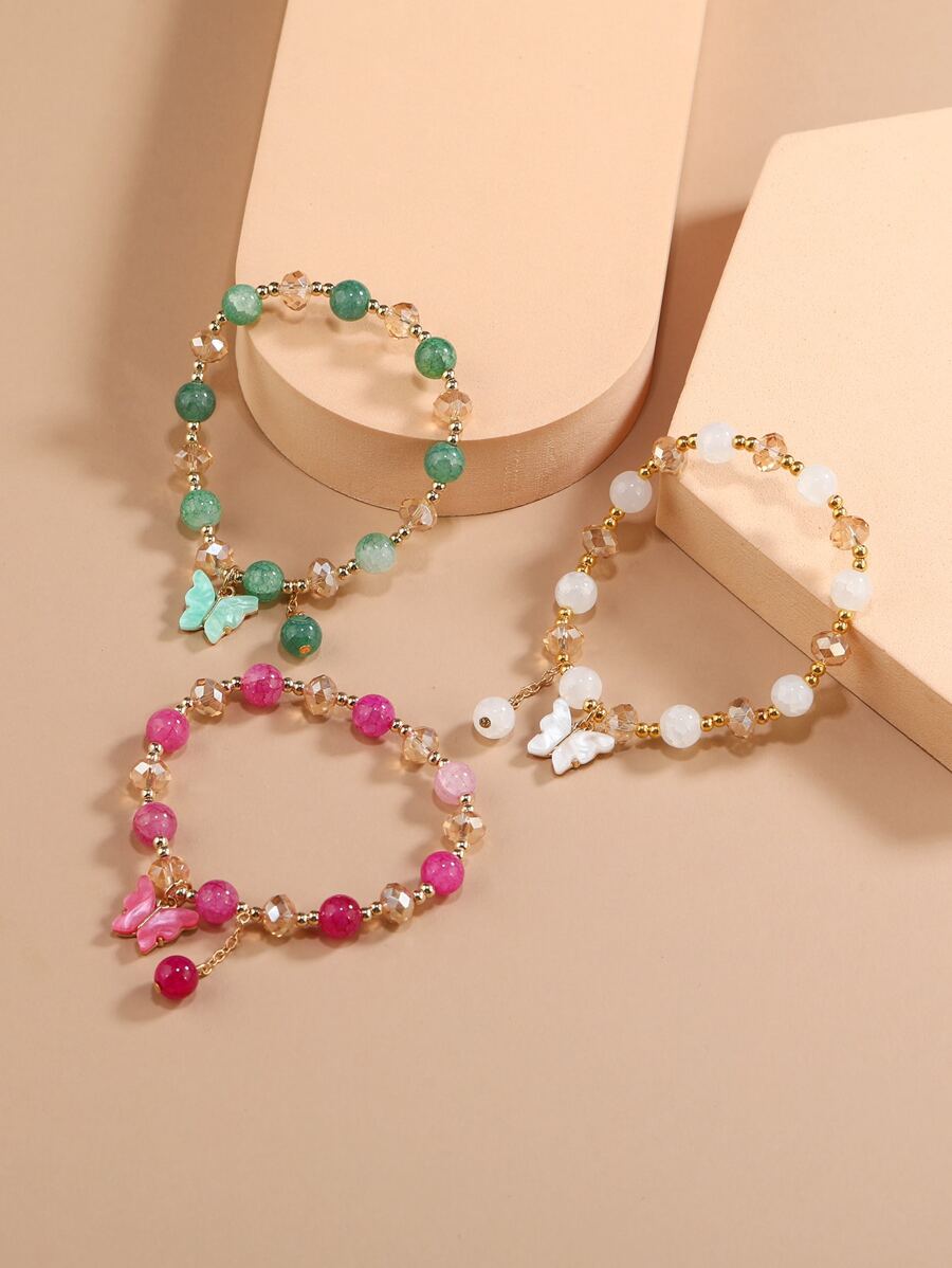 3pcs Butterfly Charm Beaded Bracelet | SHEIN USA