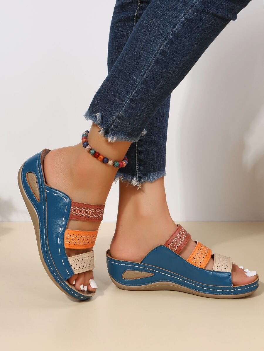 Women Colorblock Wedge Slide Sandals, Fashion Summer Sandals | SHEIN USA