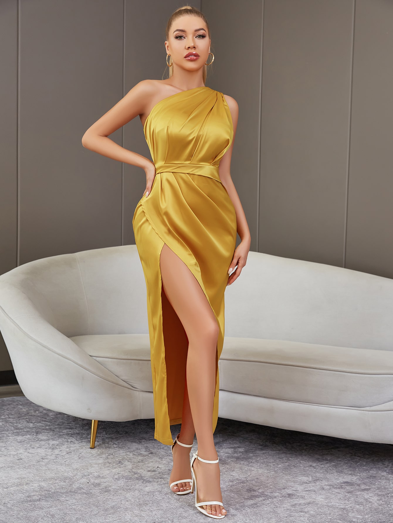 Adyce One Shoulder Ruched Split Thigh Dress | Shein Uk