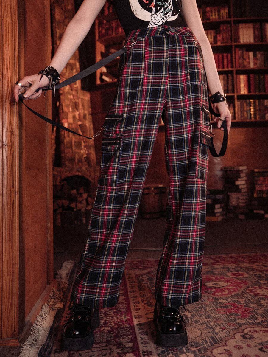 ROMWE Academia Tartan Chain Decor Pants | SHEIN USA