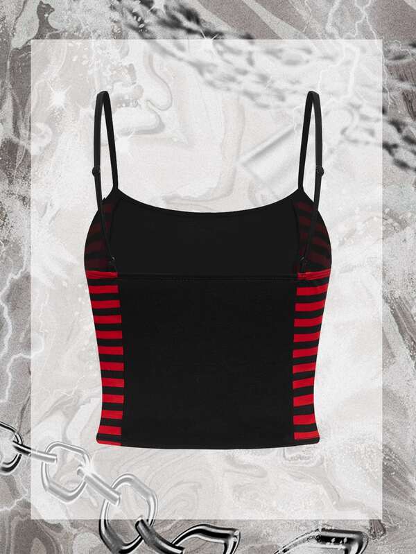 ROMWE PUNK Striped & Rhinestone Wings Print Studded Detail Cami Top ...