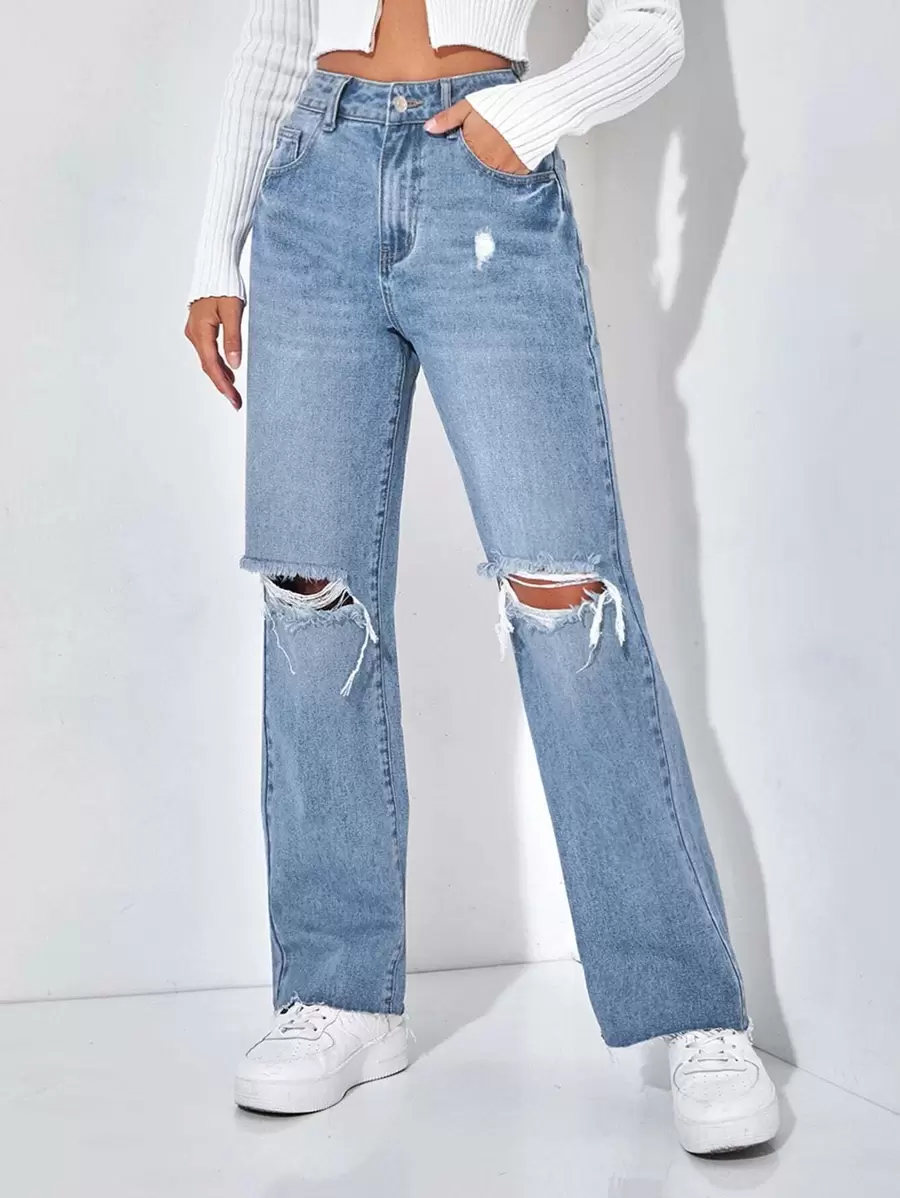 SHEIN PETITE Ripped Straight Leg Jeans | SHEIN USA