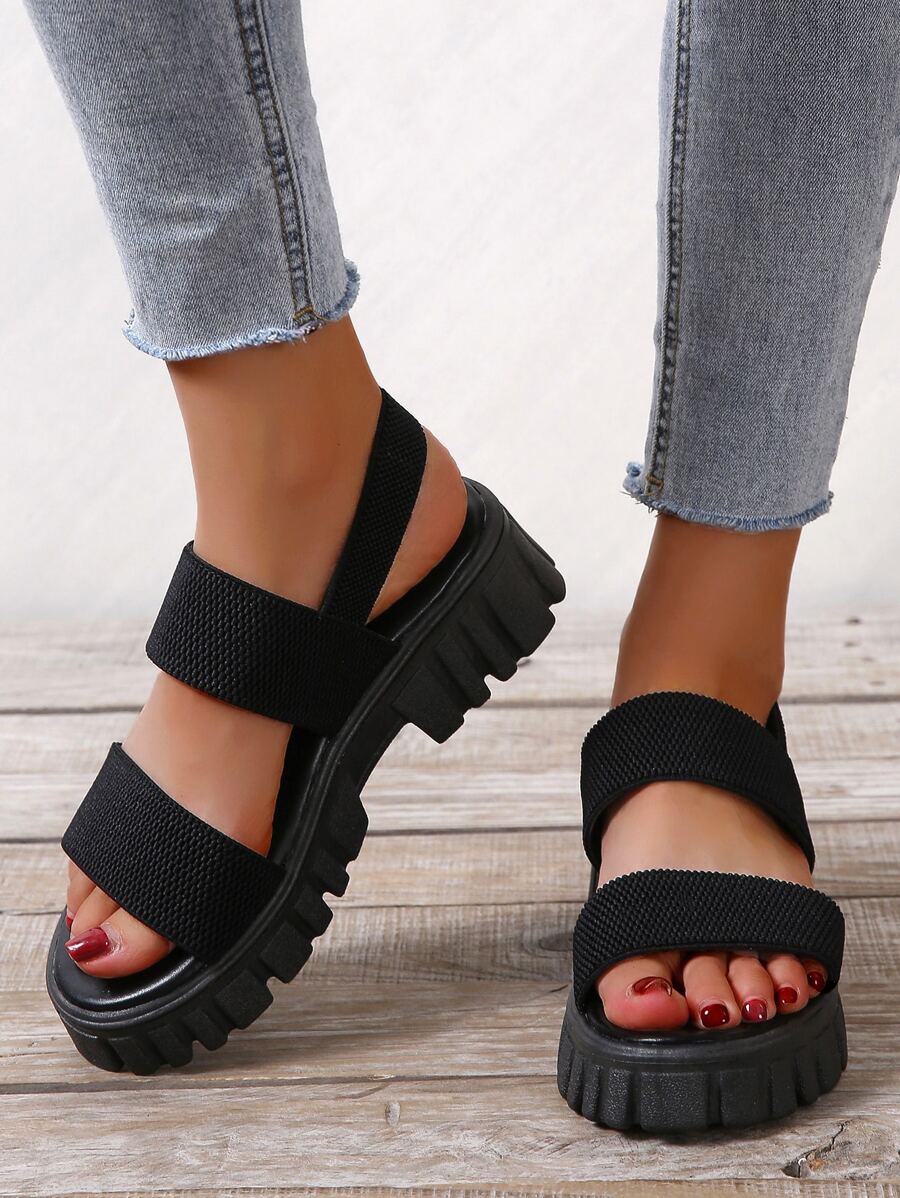 Minimalist Slingback Sport Sandals, Sporty Platform Heel Black Solid ...