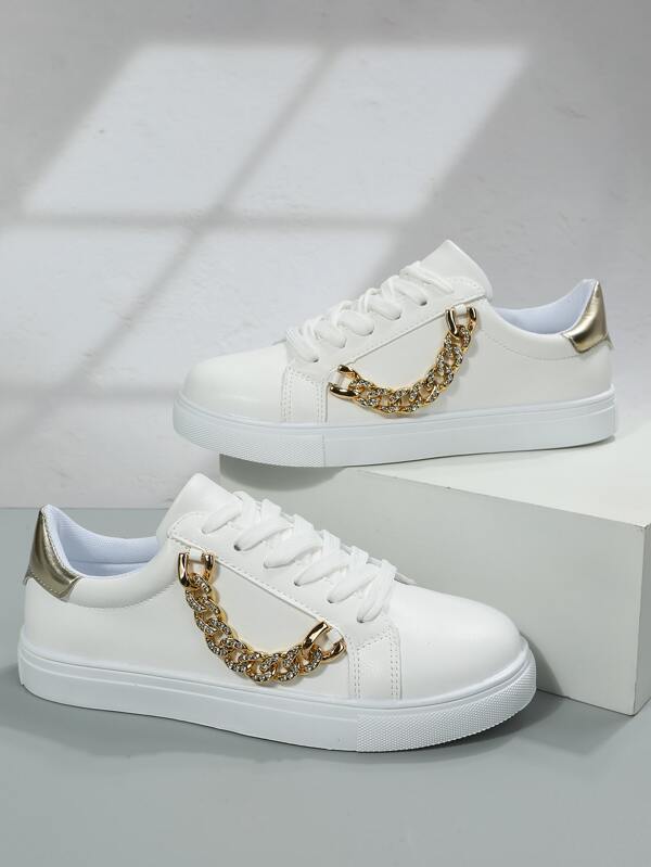 Women Rhinestone & Chain Decor Lace-up Front Skate Casual Shoes | SHEIN USA