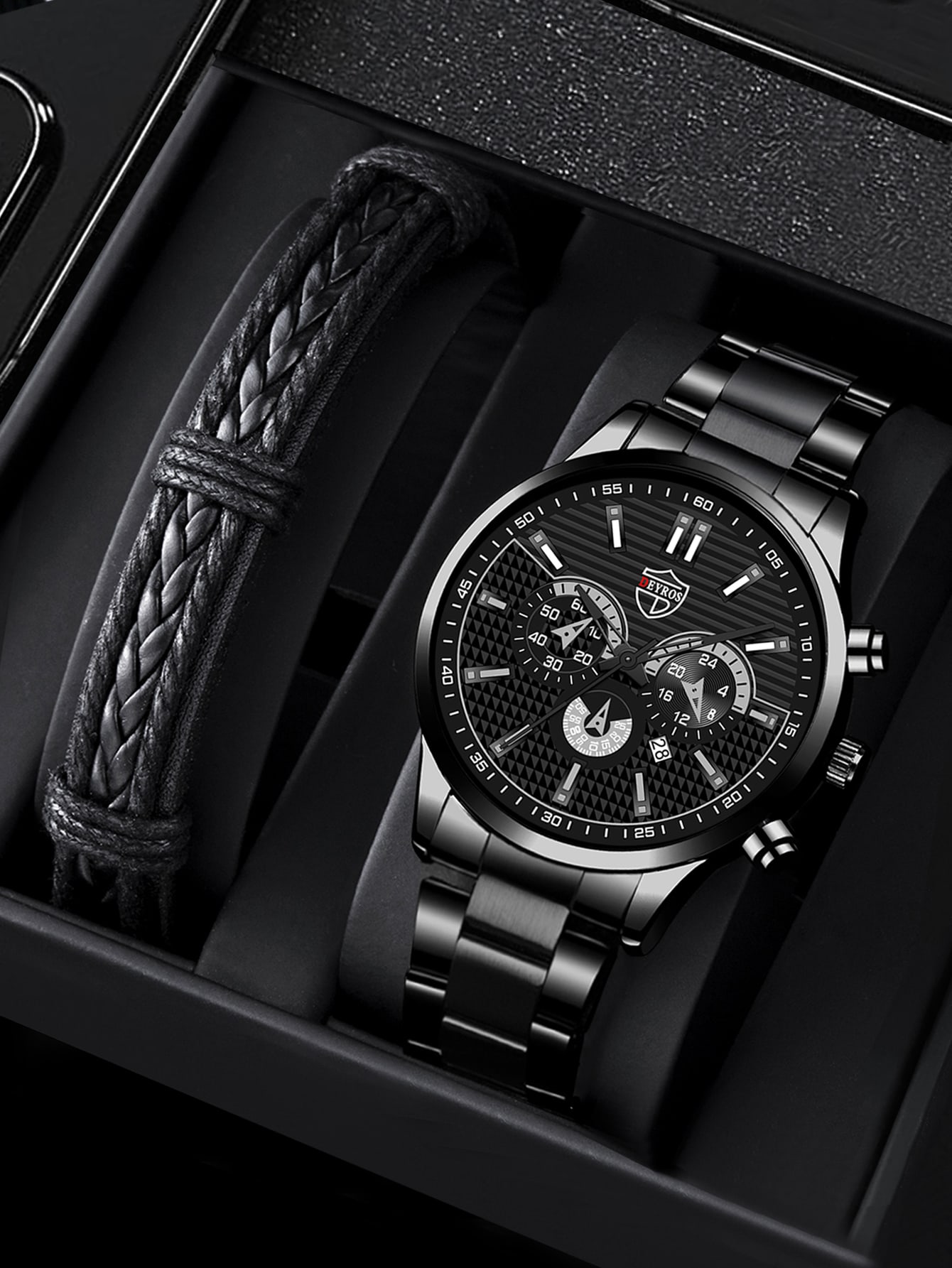 1pc Men Round Pointer Date Quartz Watch & 1pc Bracelet