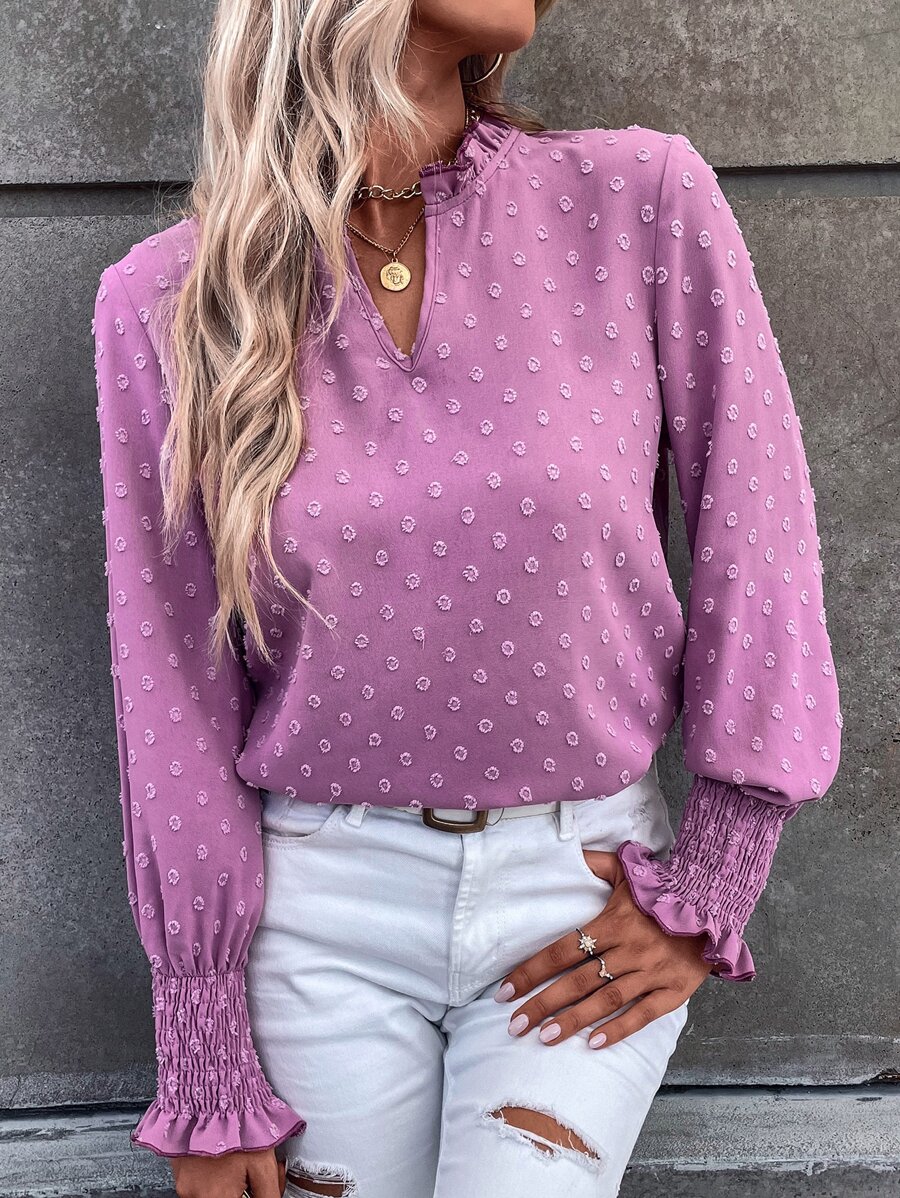 SHEIN Unity Swiss Dot Frill Notched Neck Shirred Cuff Blouse | SHEIN USA