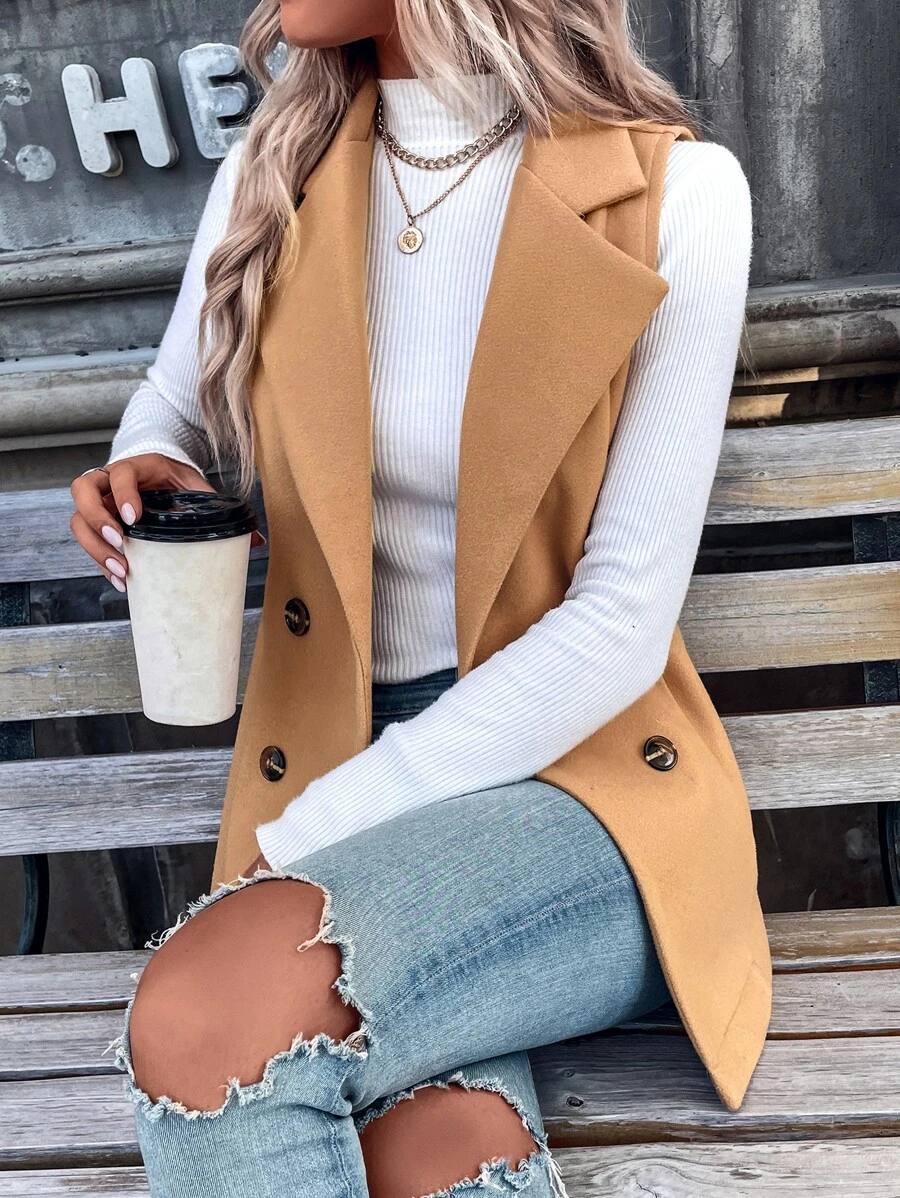 SHEIN LUNE Double Breasted Vest Overcoat | SHEIN USA