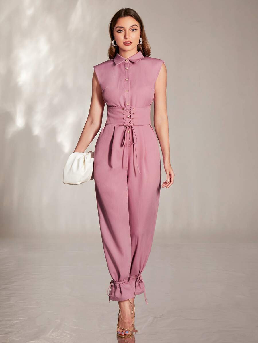 Shein Mulvari Grommet Lace Up Front Plicated Detail Knot Hem Jumpsuit
