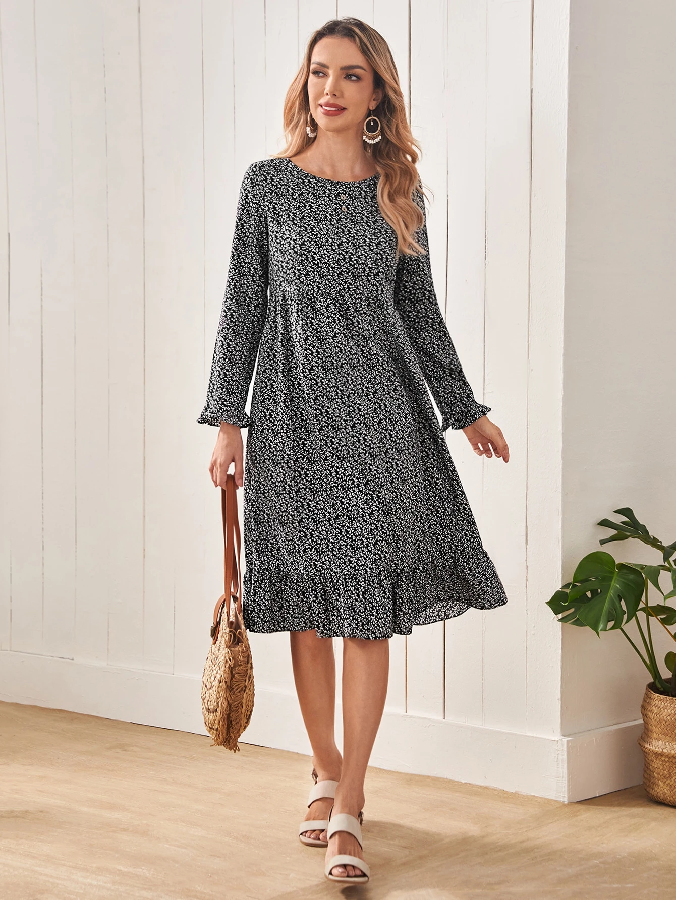 EMERY ROSE Allover Print Ruffle Hem Smock Dress | SHEIN USA