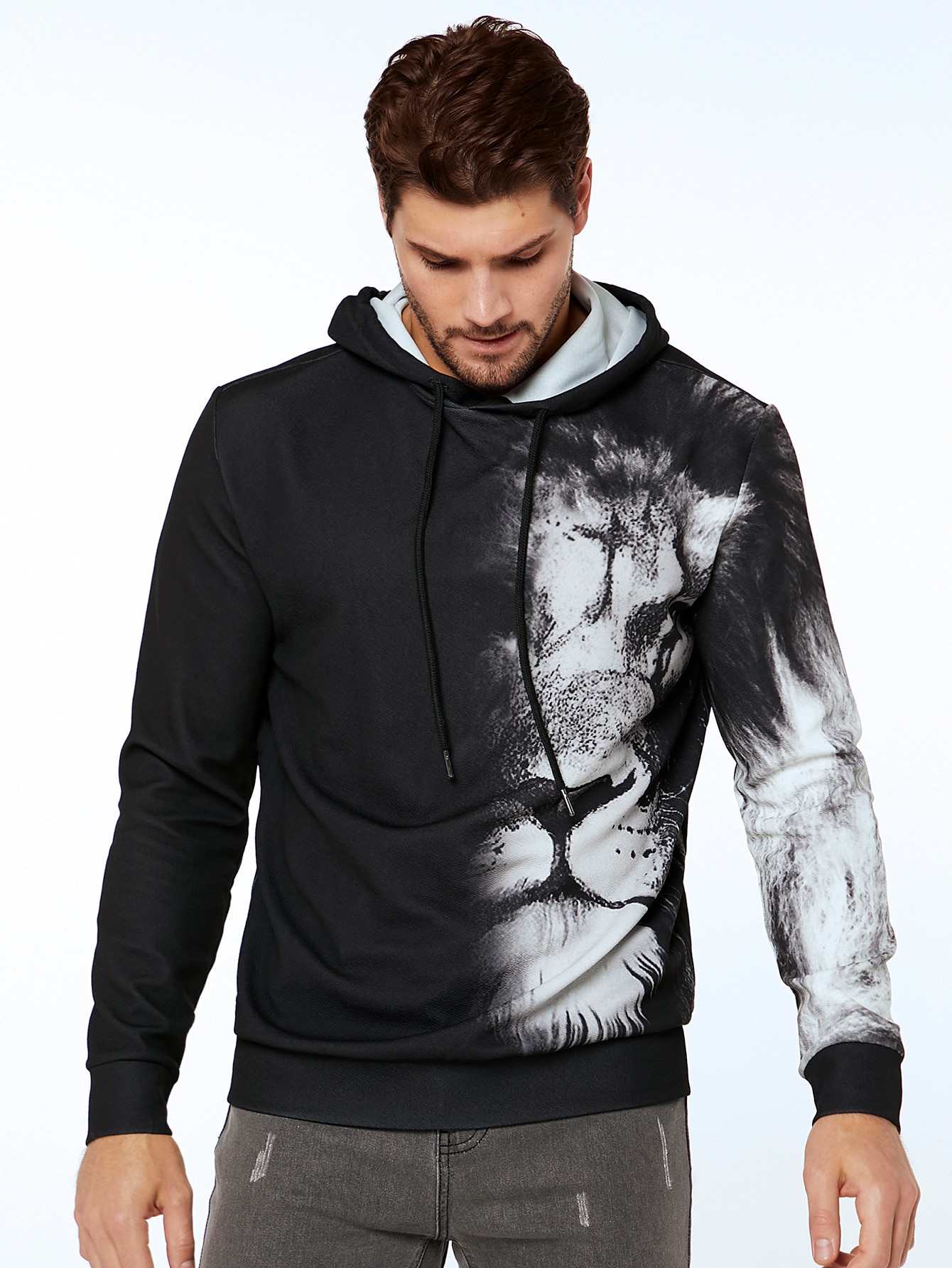 SHEIN Homens Capuz Impressão tigre Cordão