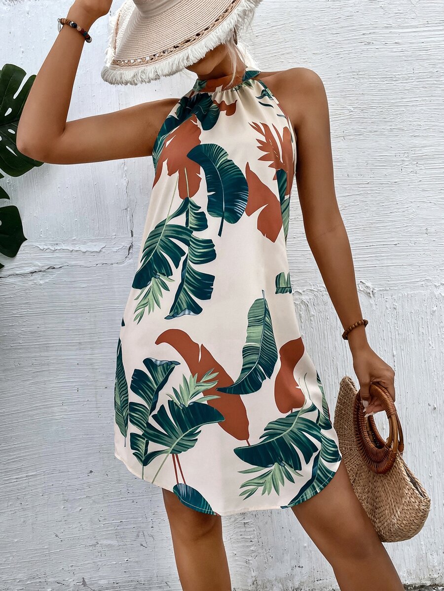 SHEIN VCAY Tropical Print Keyhole Back Halter Dress for Sale Australia ...
