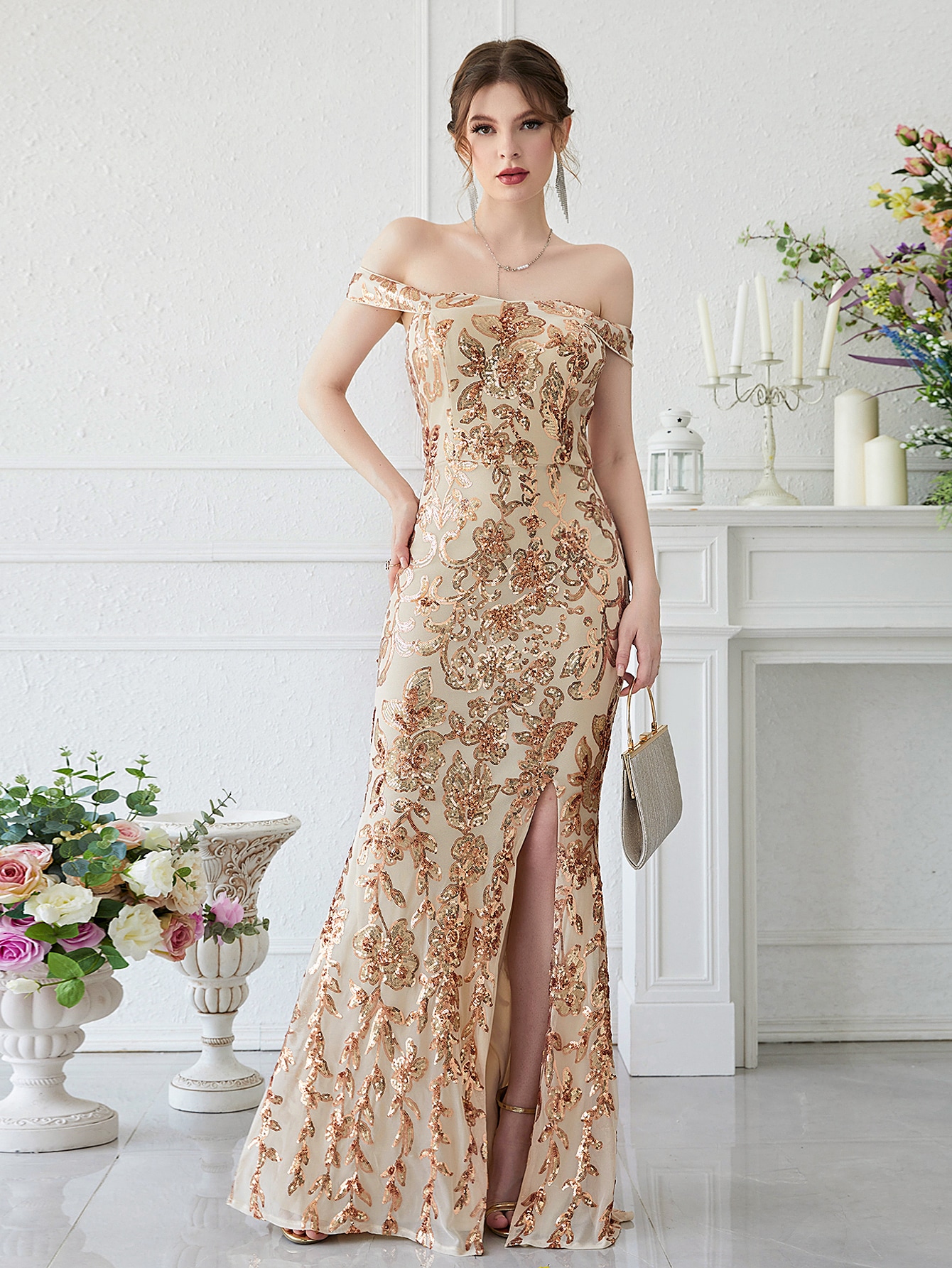 Off Shoulder Split Floral Sequin Prom Dress