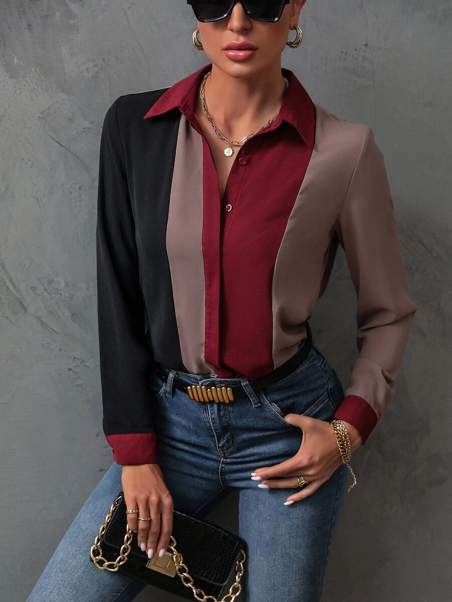 SHEIN LUNE Colorblock Button Through Shirt | SHEIN USA
