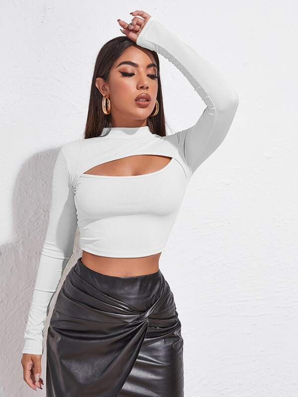Shein Sxy Mock Neck Cut Out Rib Knit Slim Crop Tee Shein Usa